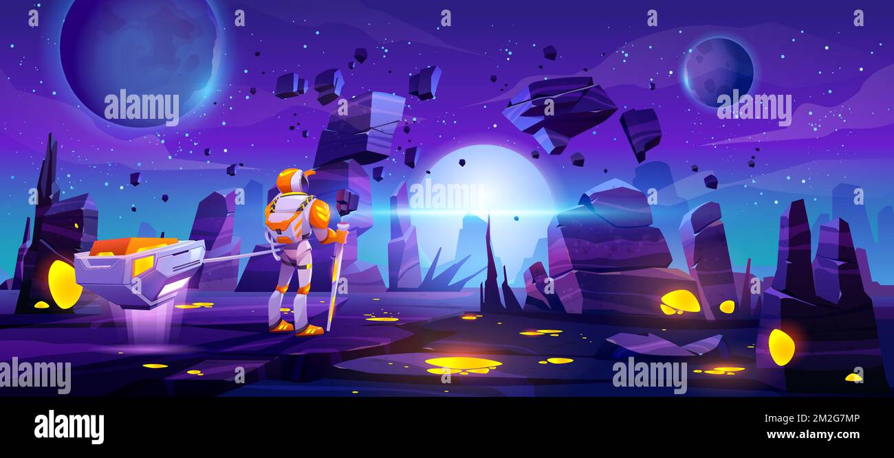 Astronaut on alien planet in far galaxy. Cosmonaut in suit and helmet ...