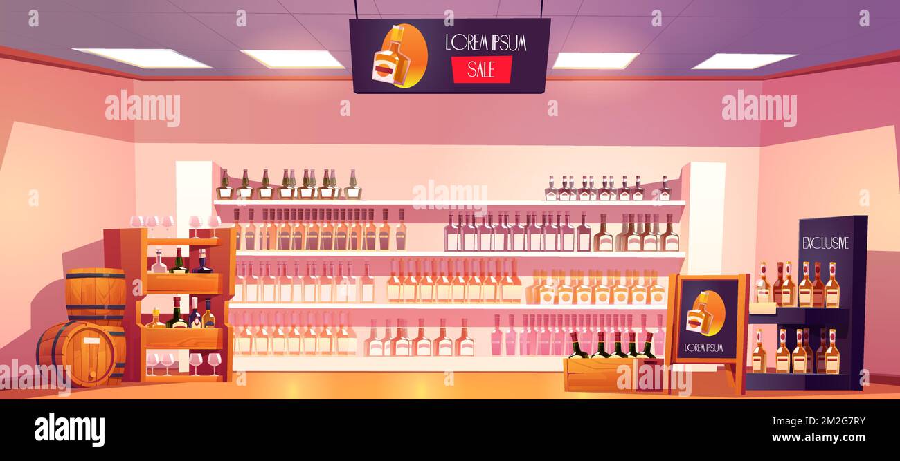 Alcohol shop with bottles, wooden rack, shelves, barrels and ...