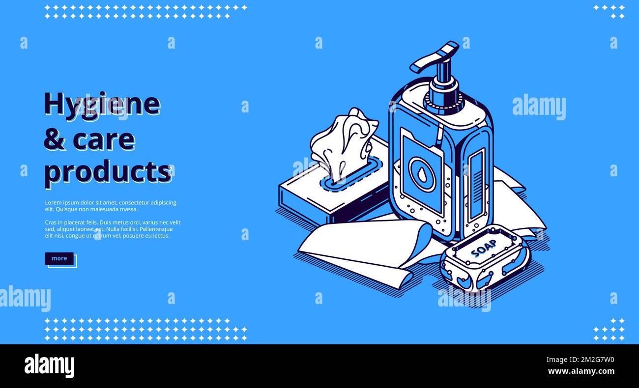 Hygiene and care products isometric landing page with liquid sanitizer ...