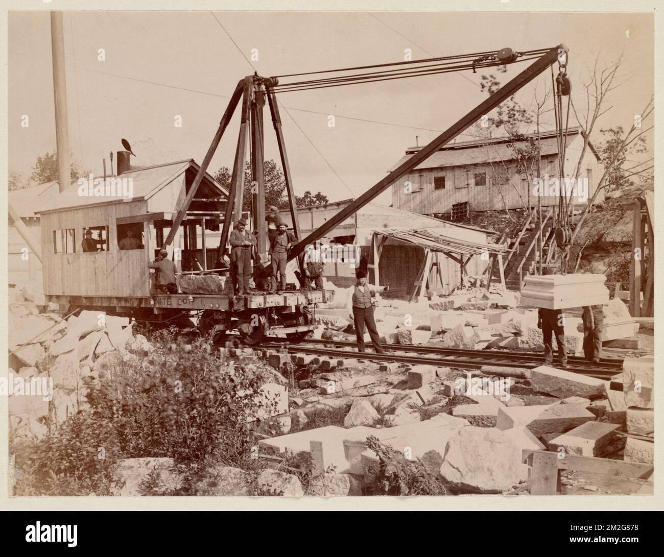 Derrick car at the Milford Quarry with carved granite block for ...