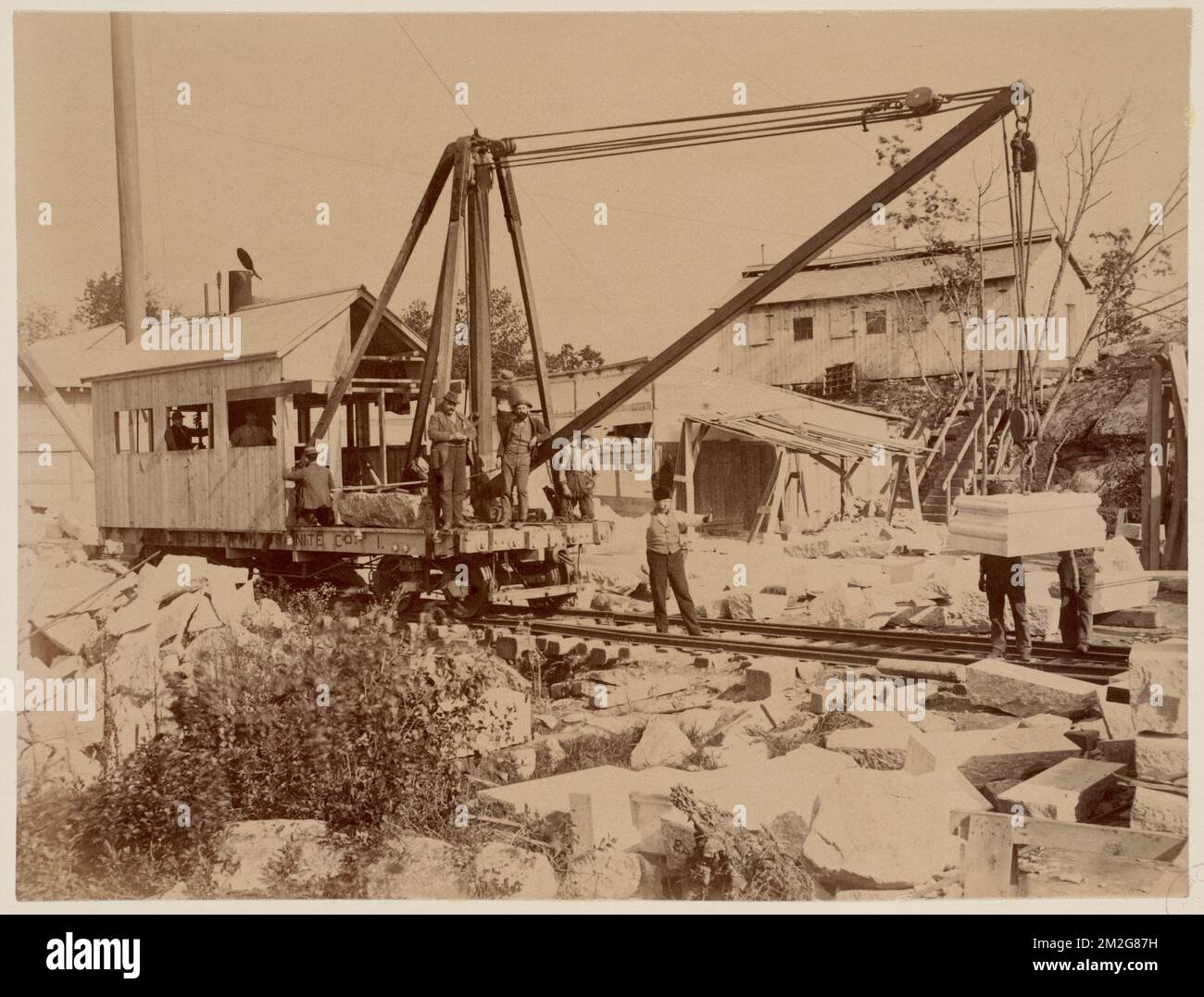 Derrick car at the Milford Quarry with carved granite block for ...