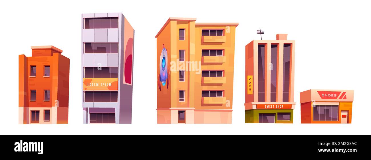 City buildings with apartments, office and store isolated on white ...