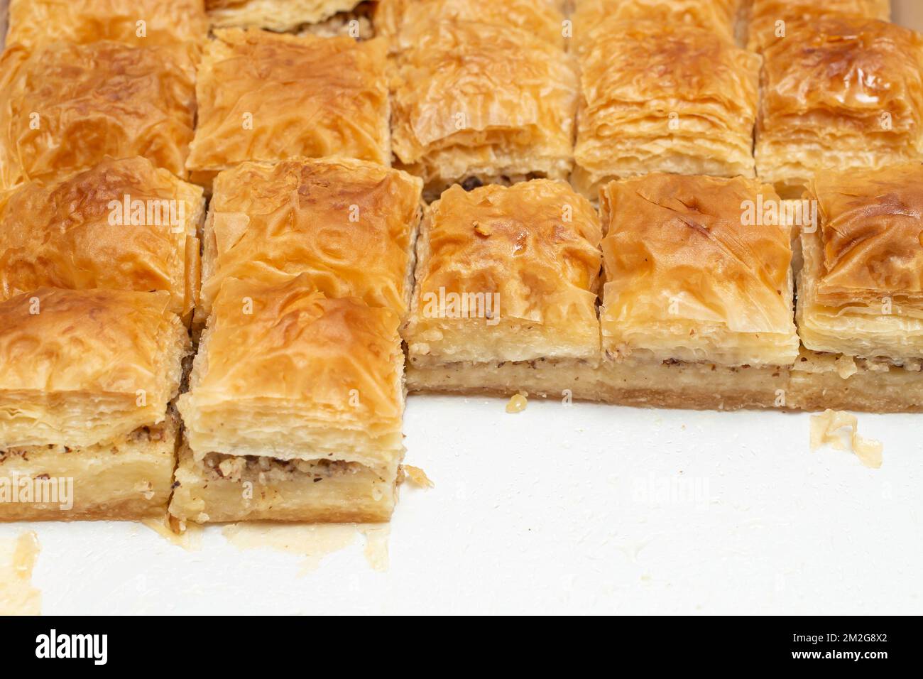 Baklava square portions, Side view texture, soft focus close up Stock ...