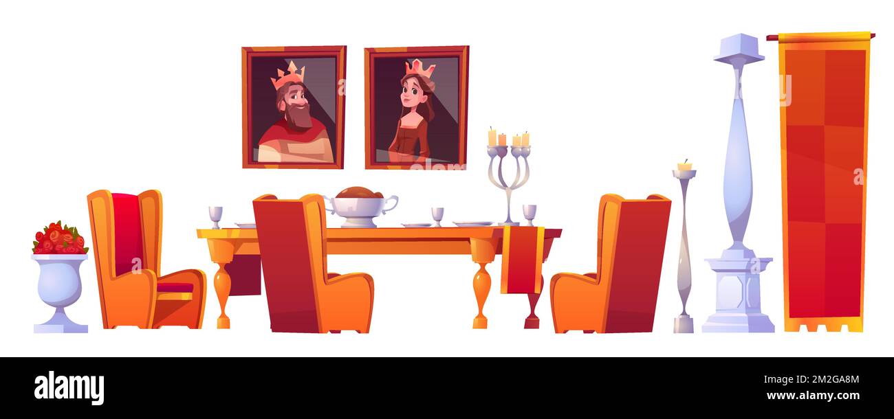 Feast table with food in castle dining room with utensil, goblets and ...