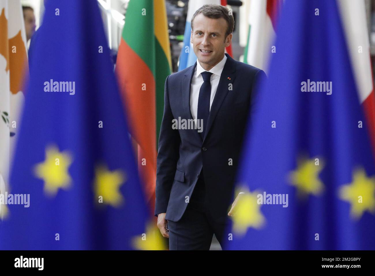 President of France Emmanuel Macron arrives for an EU summit meeting ...