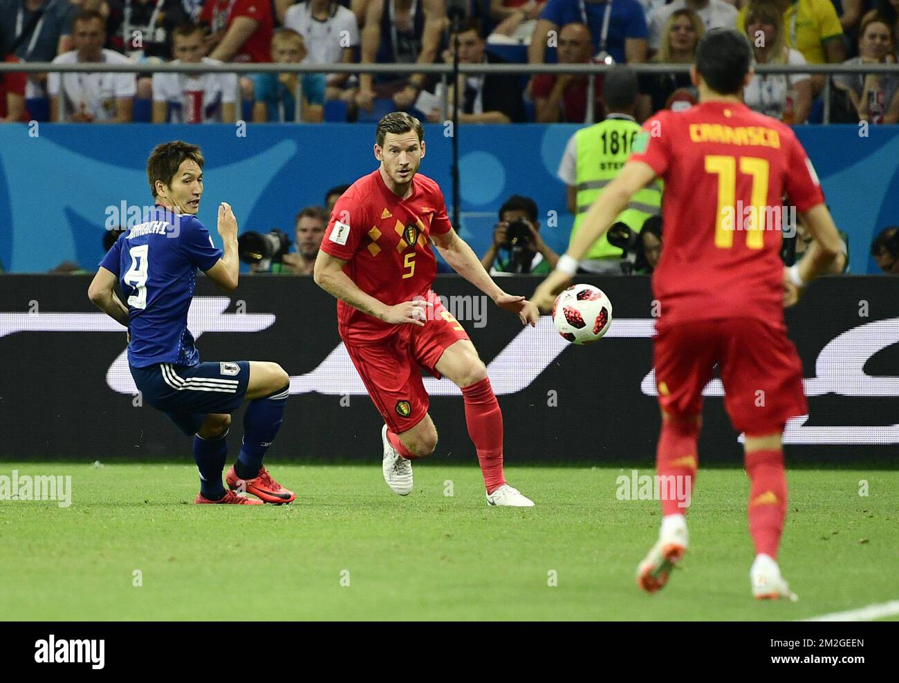 Japan's Genki Haraguchi and Belgium's Jan Vertonghen fight for the ball ...