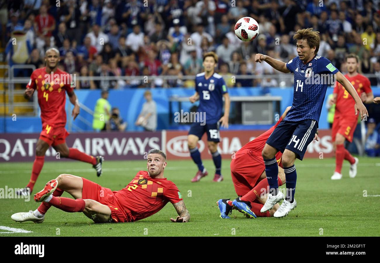 Belgium's Toby Alderweireld and Japan's Takashi Inui fight for the ball ...