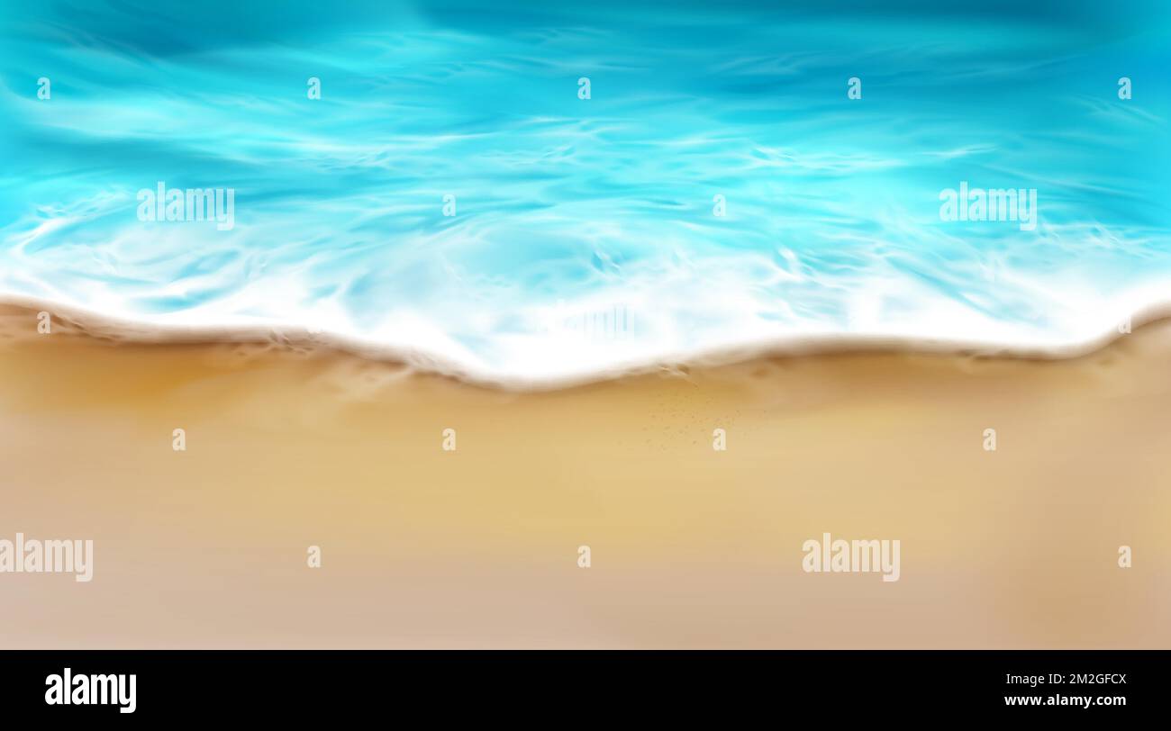 Top view of sea wave with foam splashing on beach with sand. Blue ocean ...