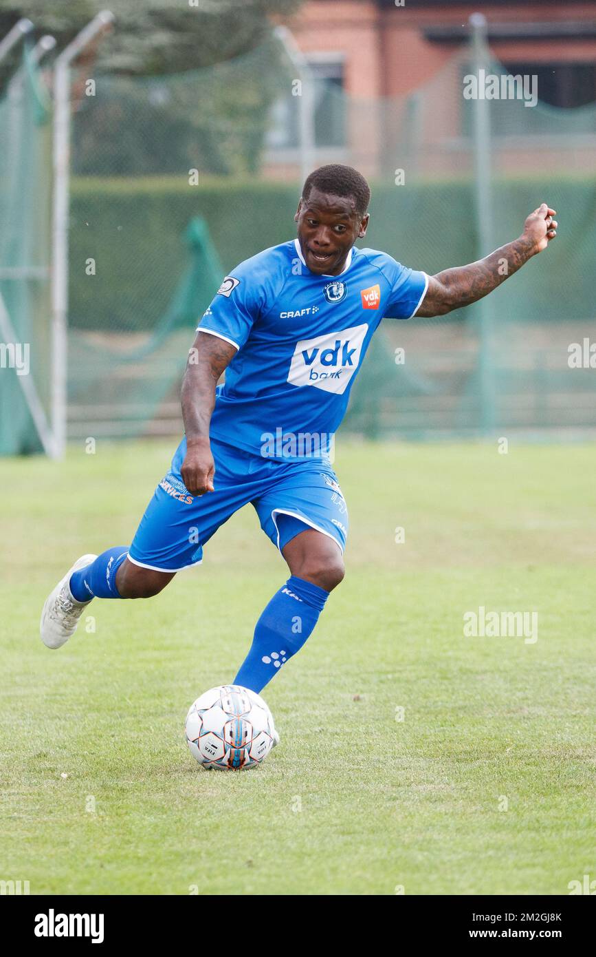 Gent's Stallone Limbombe fights for the ball during a friendly soccer ...