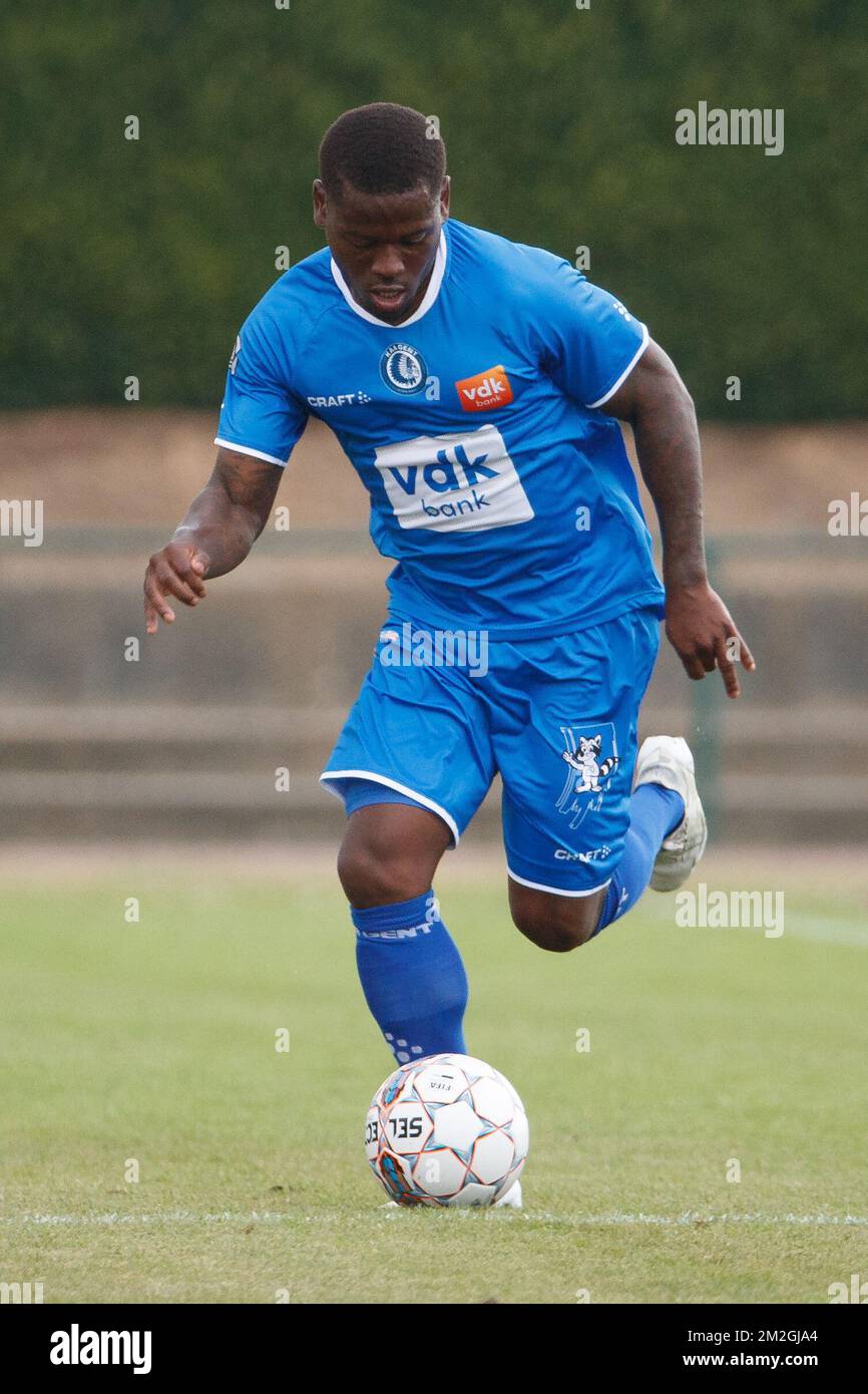 Gent's Stallone Limbombe fights for the ball during a friendly soccer ...