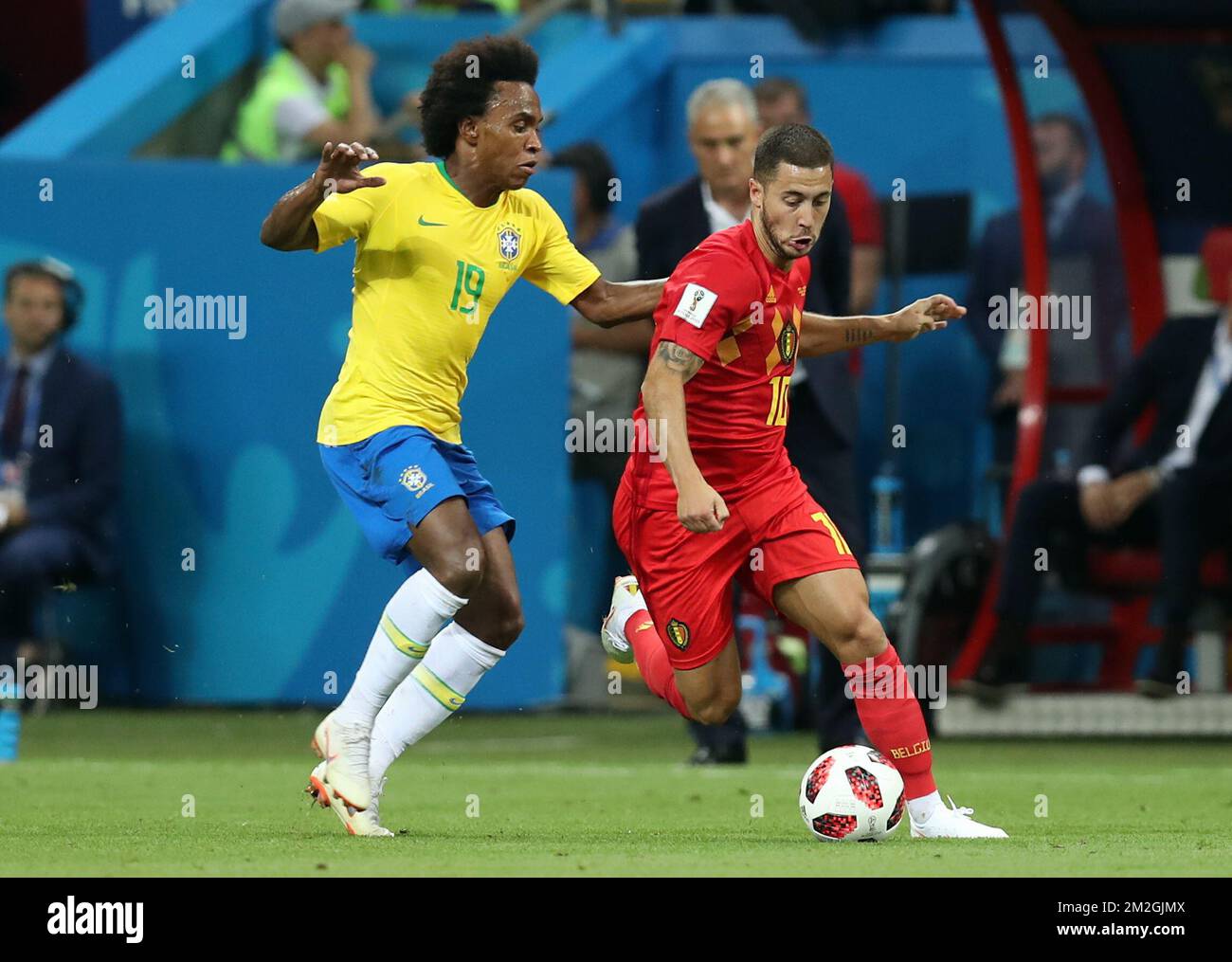 Brazil's Willian and Belgium's Eden Hazard pictured in action during a ...
