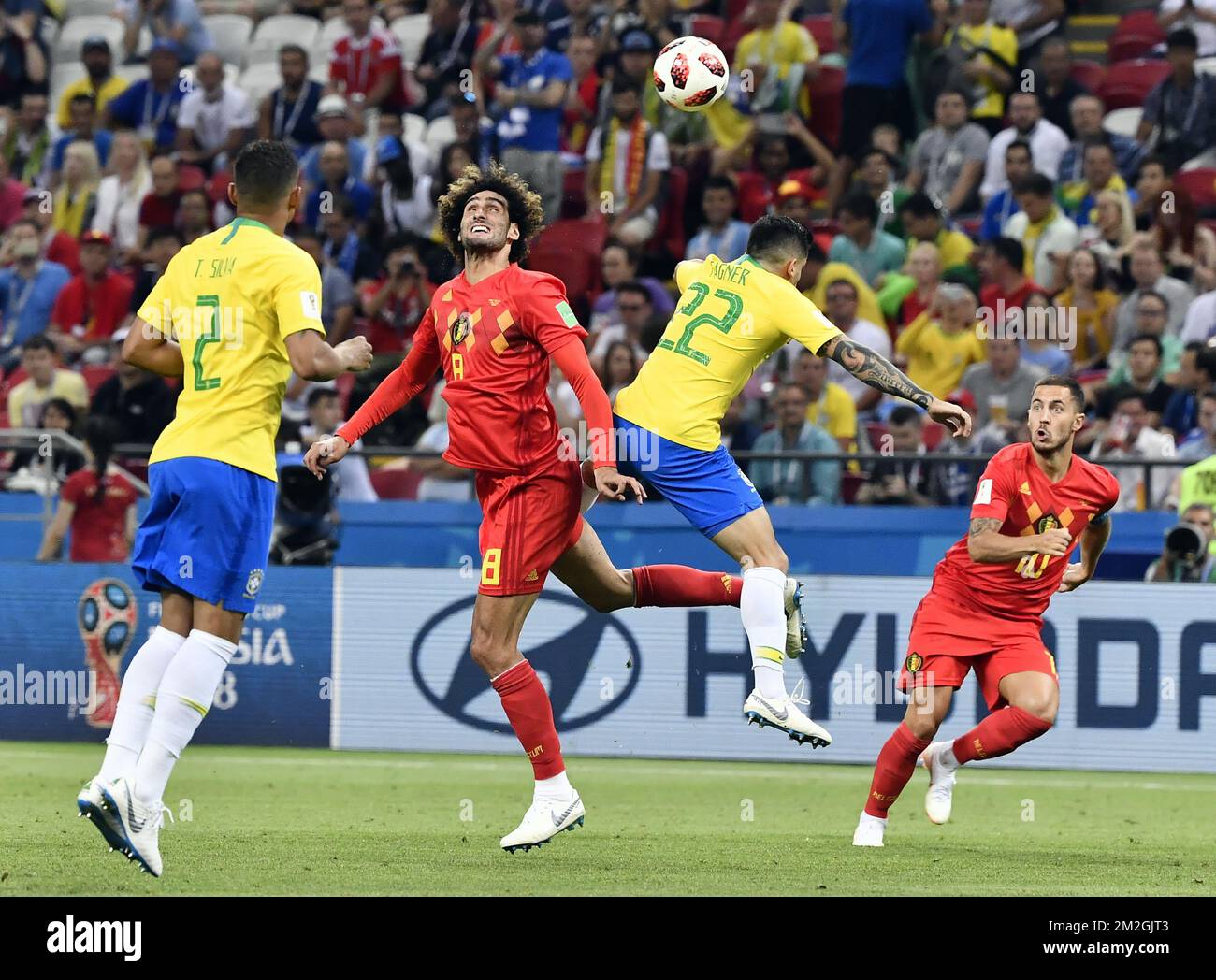 Brazil's Thiago Silva, Belgium's Marouane Fellaini, Brazil's Fagner and ...