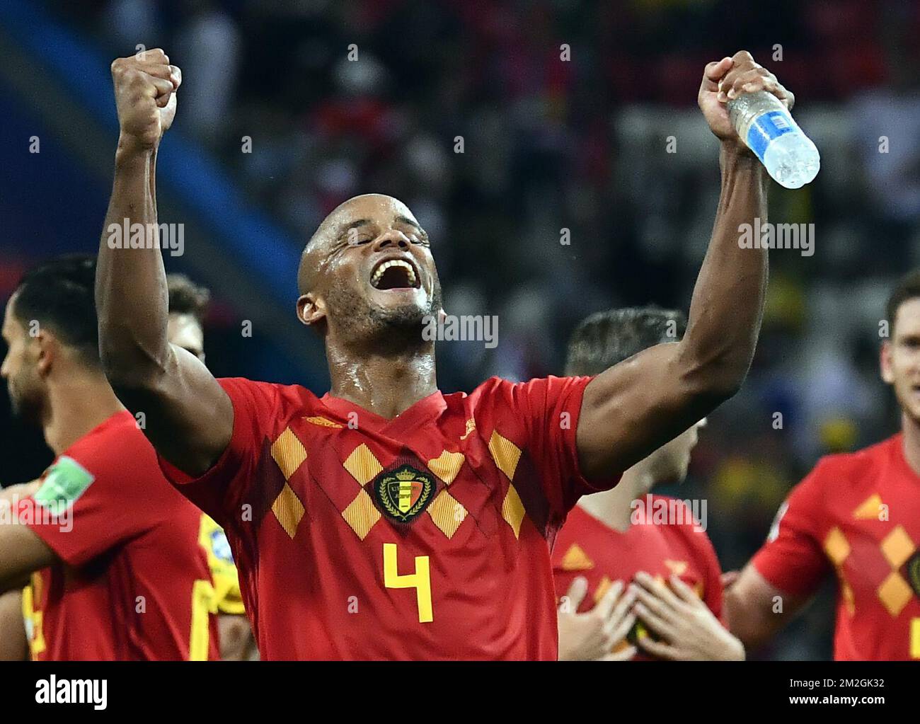 Belgium's Vincent Kompany celebrates after winning a soccer game ...