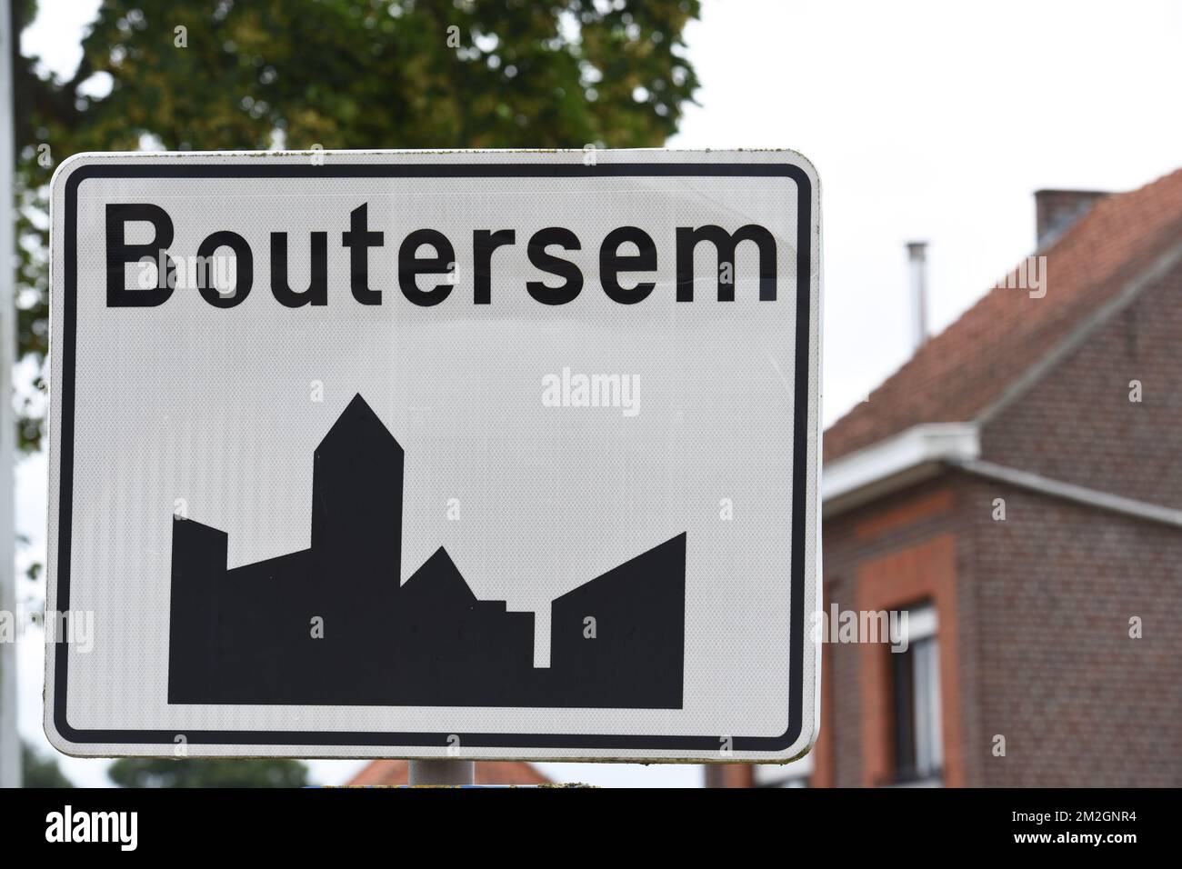 Illustration shows the name of the Boutersem municipality on a road ...