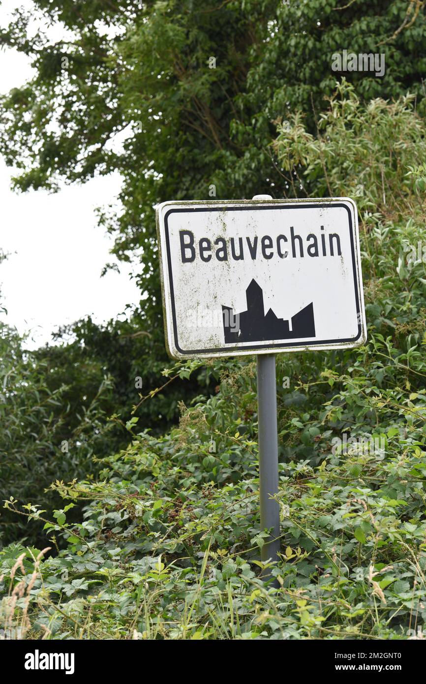 Illustration shows the name of the Beauvechain municipality on a road ...
