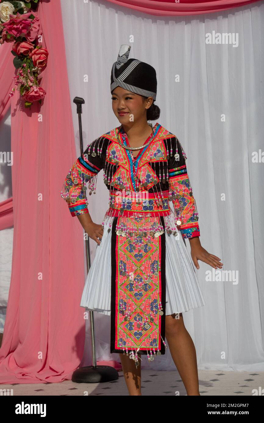 Girl models a modernized Hmong outfit at a fashion show during the ...