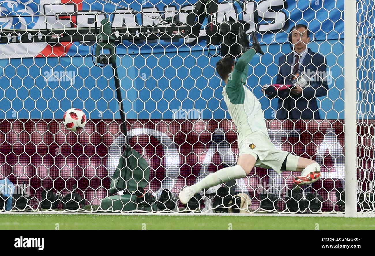 Belgium's goalkeeper Thibaut Courtois takes the 1-0 goal at the semi ...
