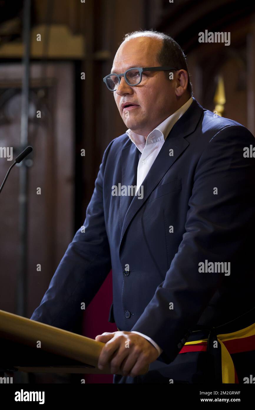 Brussels City mayor Philippe Close delivers a speech at a reception at ...