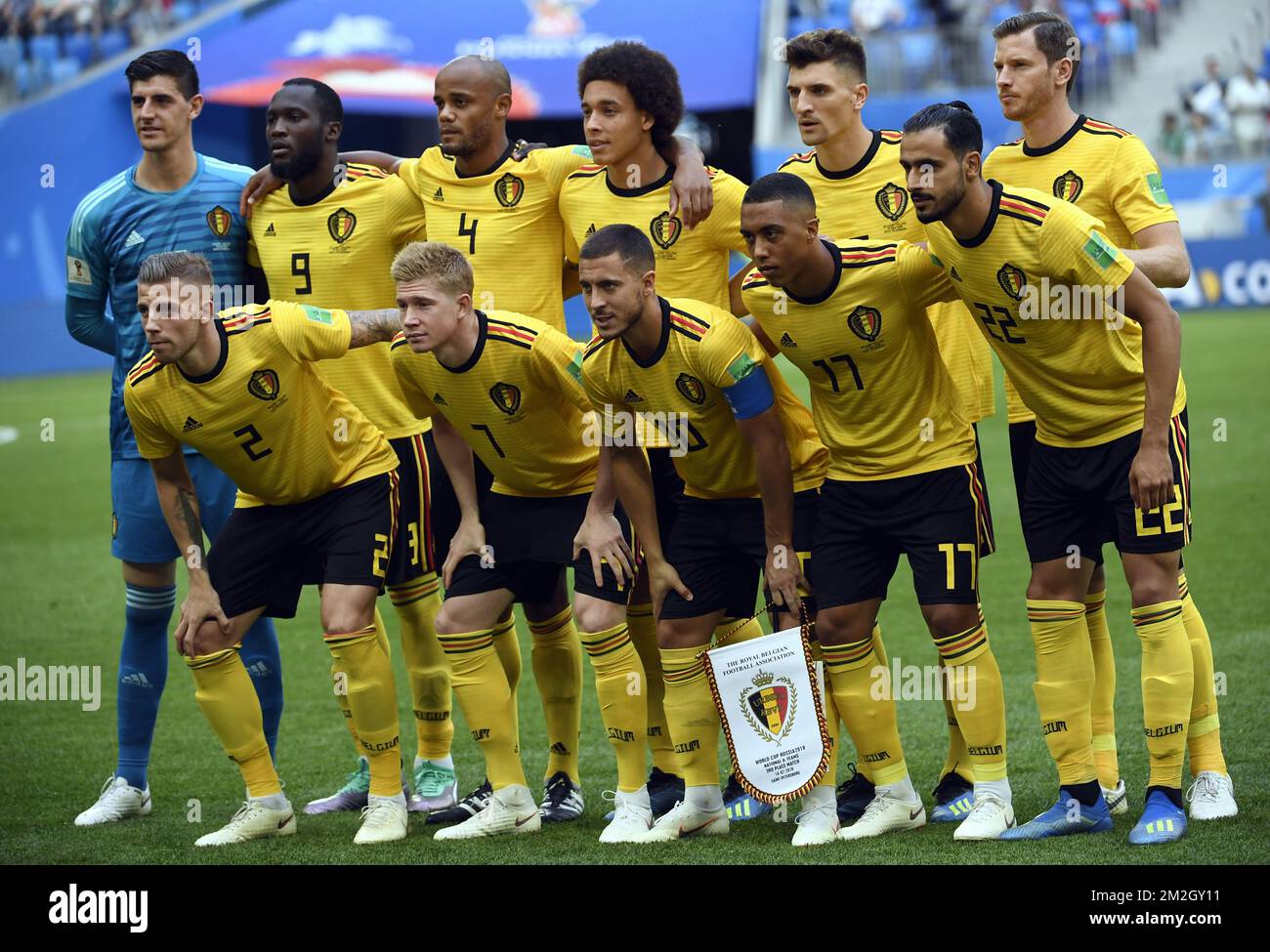 L-R, up, Belgium's goalkeeper Thibaut Courtois, Belgium's Romelu Lukaku ...