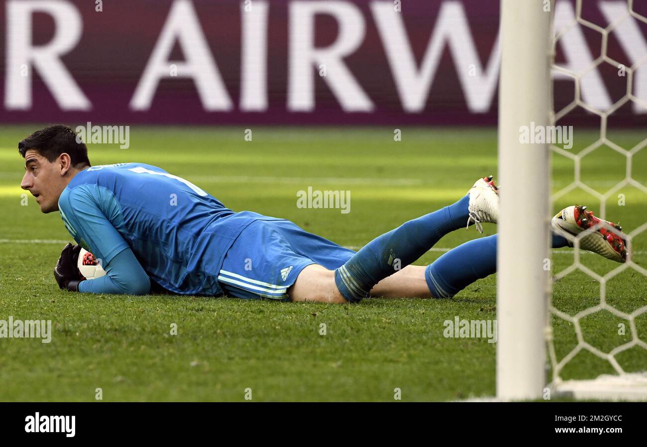 Belgium's goalkeeper Thibaut Courtois in action with the ball at a ...