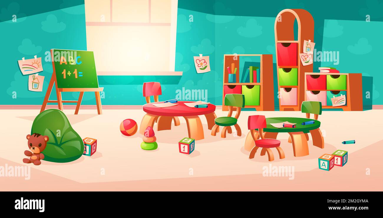 Room interior in montessori kindergarten with books on shelf ...