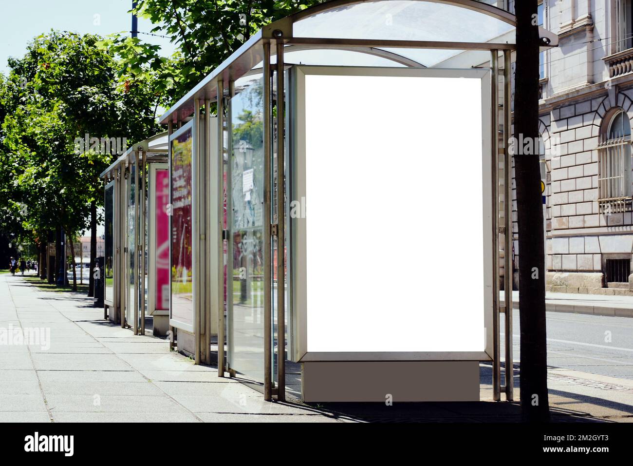 bus shelter with lightbox ad sign. mock-up background. glass billboard ...
