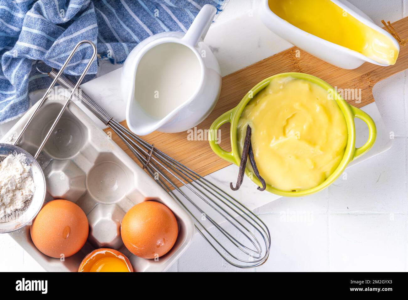 Homemade custard creme with ingredients - vanilla, milk and eggs. Sweet ...
