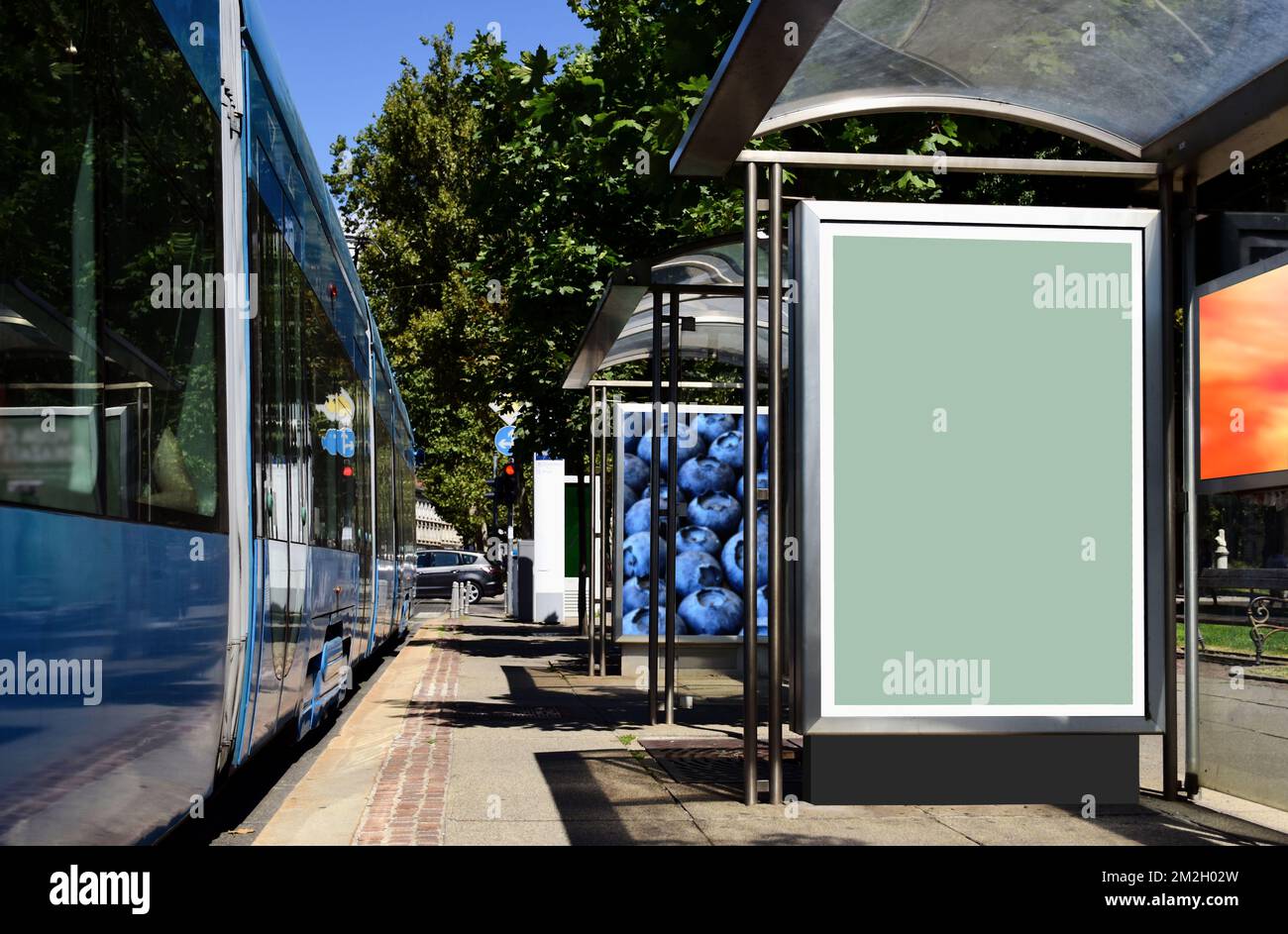 bus shelter with lightbox ad sign. mock-up background. glass billboard ...