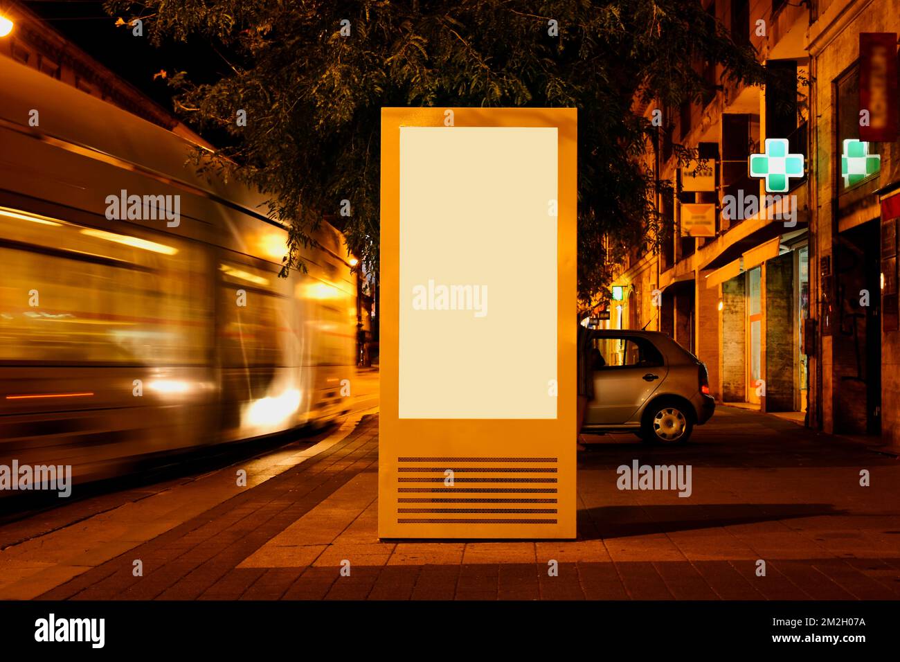 billboard and ad sign panel at a busstop. blank white lightbox. urban ...