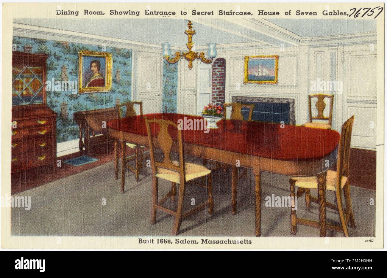 Dining room, showing entrance to secret staircase, House of Seven ...