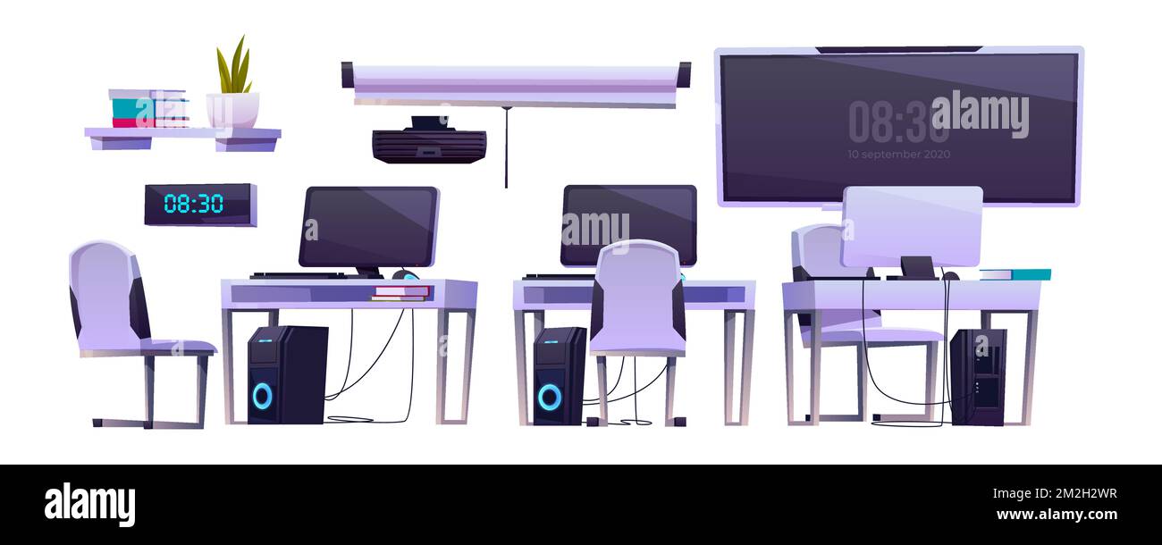 Furniture in school computer classroom or open space office. Vector ...