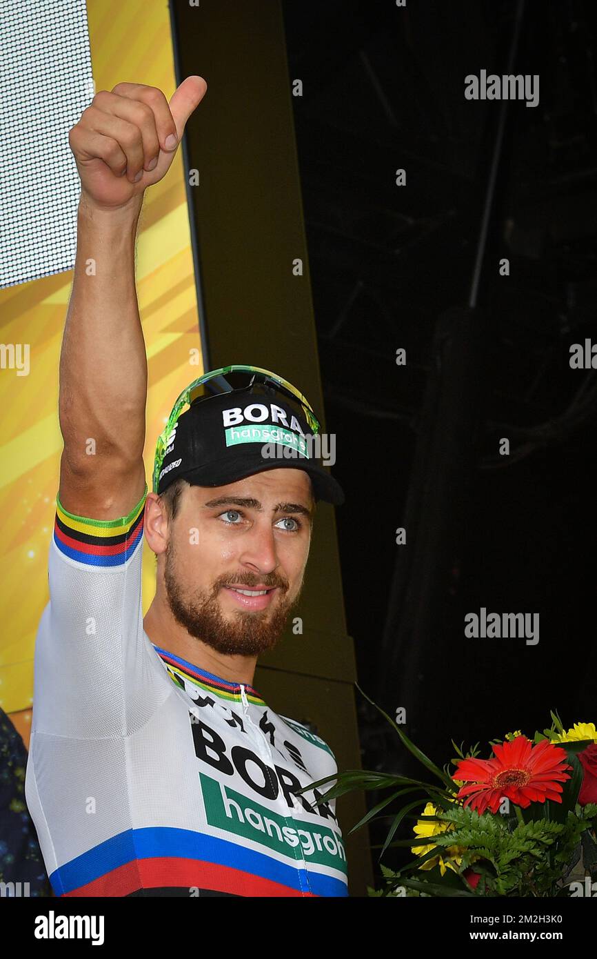 Slovakian Peter Sagan of Bora-Hansgrohe celebrates on the podium after ...
