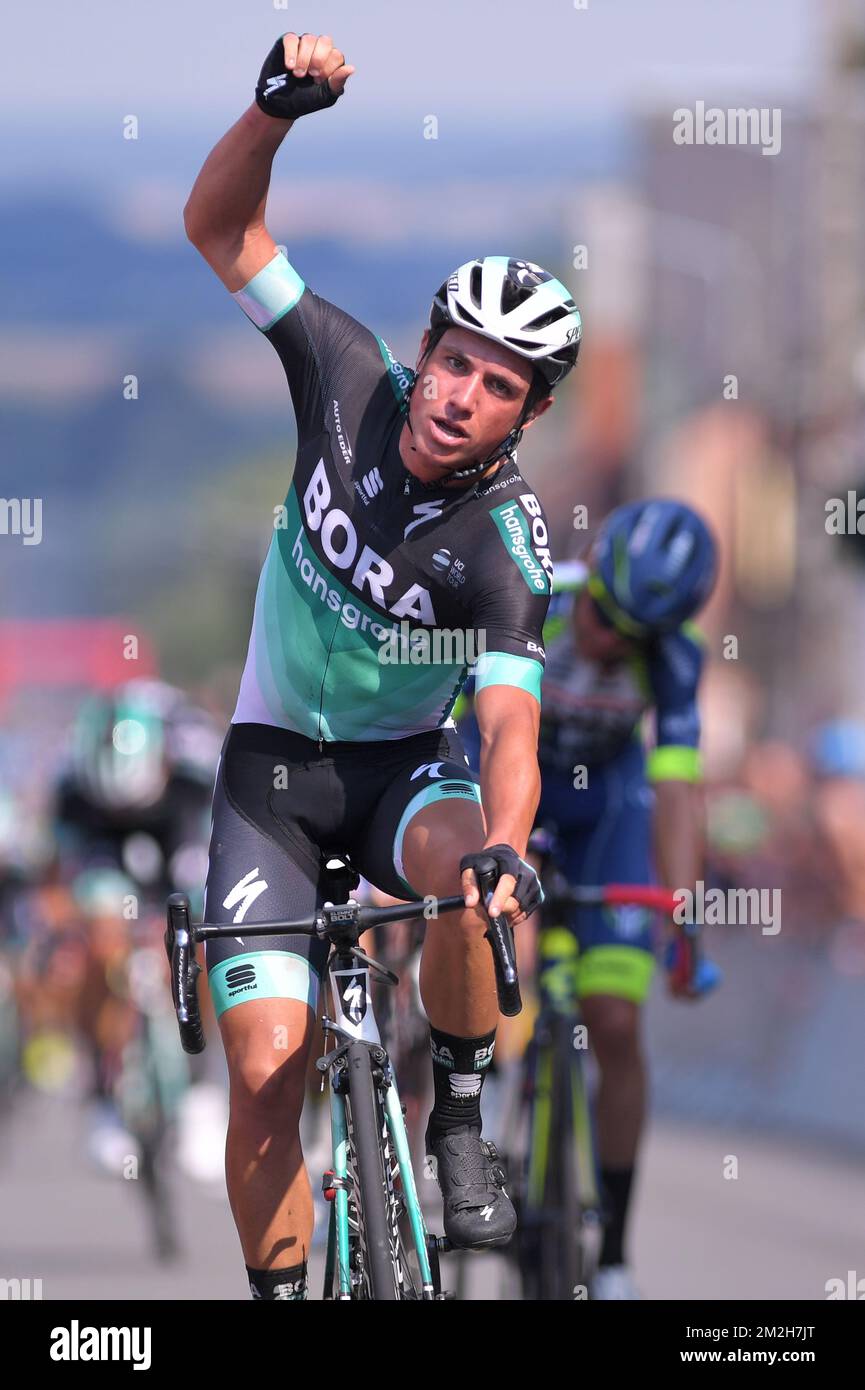 British Peter Kennaugh of Bora-Hansgrohe celebrates after winning the ...
