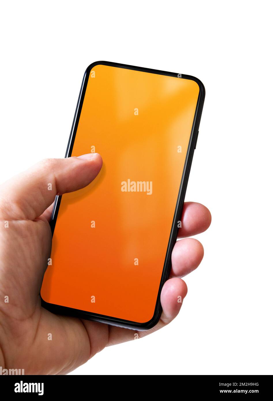 Hand holding a smartphone with blank orange screen. Isolated on white ...