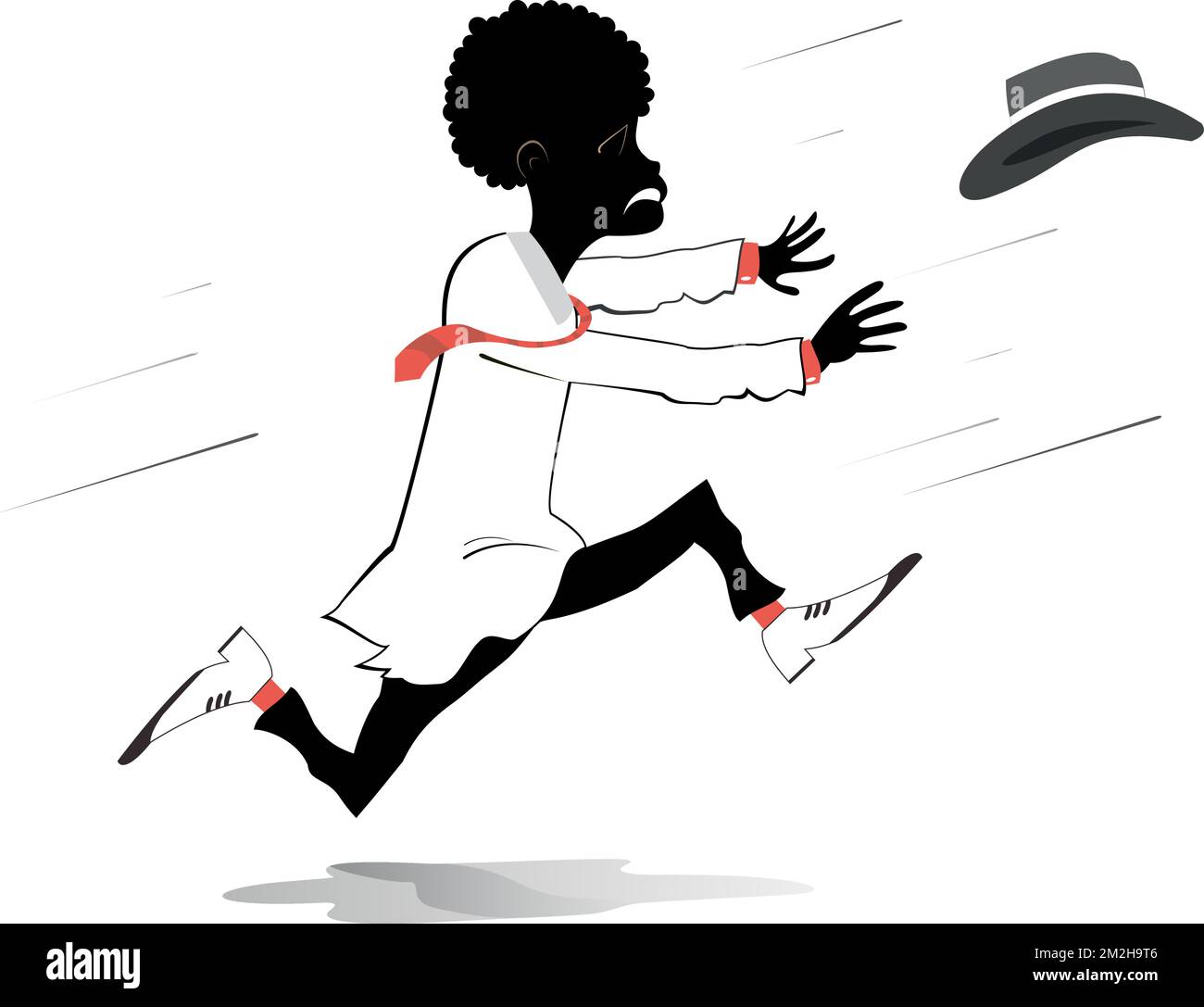 Running African man. Strong wind. Lost hat. Funny African man trying to ...