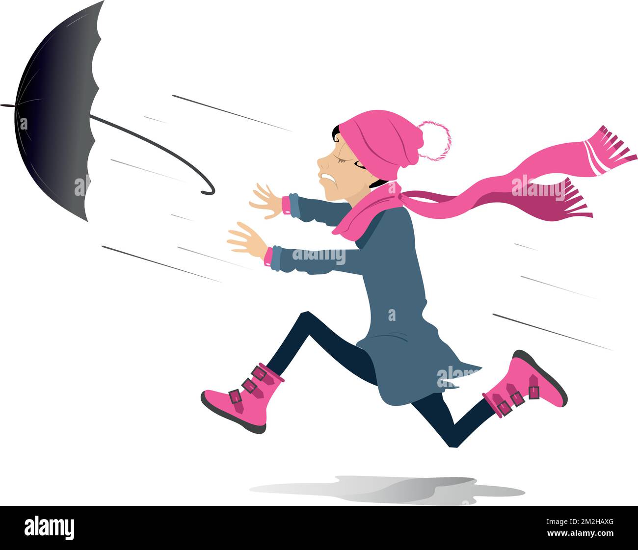 Rain. Strong wind. Running young woman lost umbrella. Funny running ...