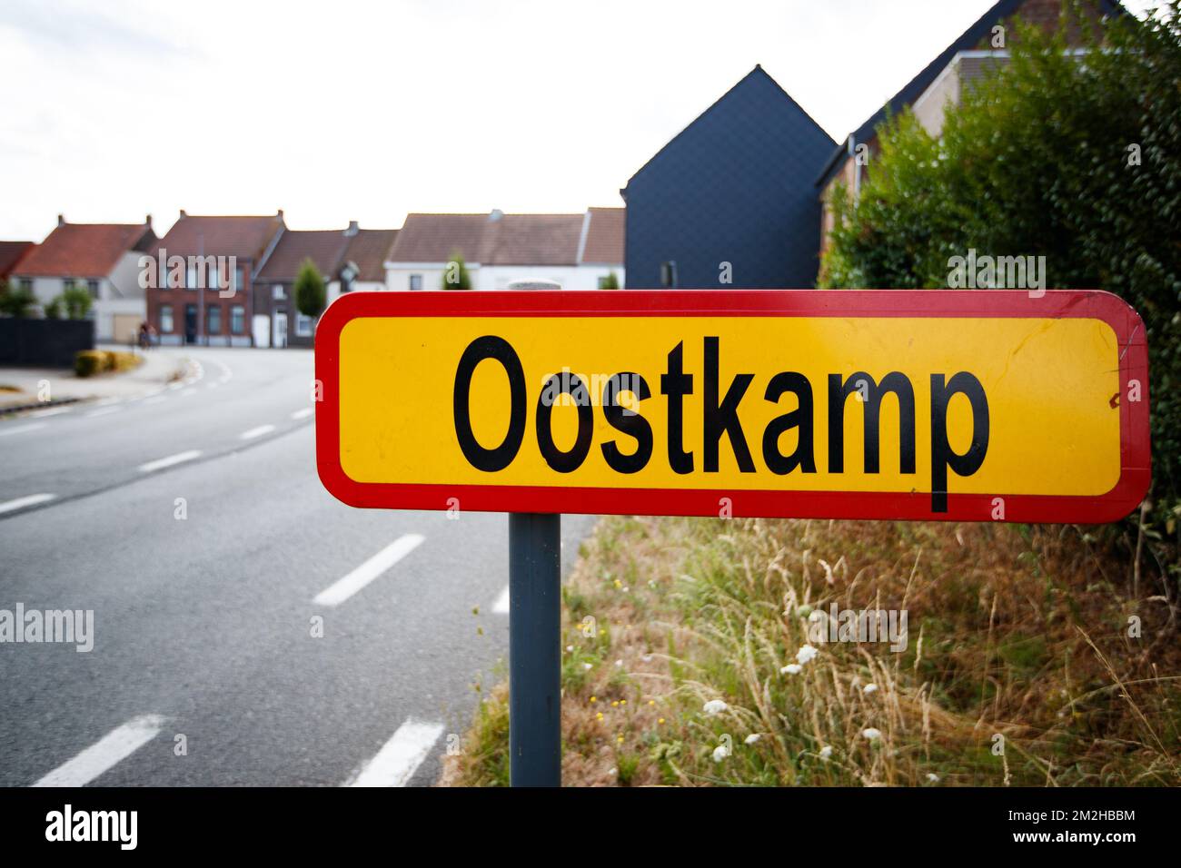 Illustration shows the name of the Oostkamp municipality on a road sign ...