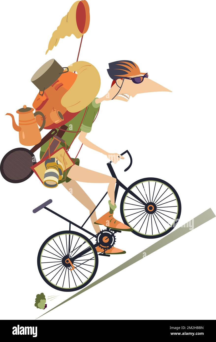 Tired cycling traveler man illustration. Tired traveler. Young man in ...