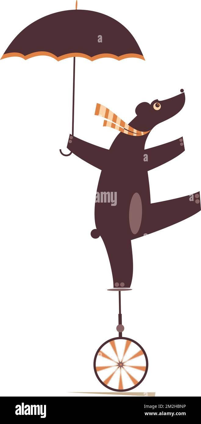 Bear riding on the unicycle. Funny bear with umbrella balances on the ...