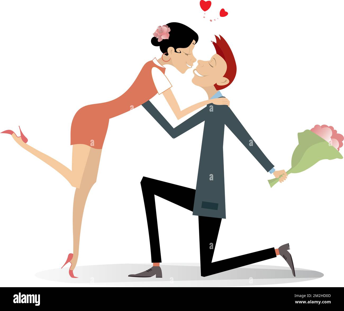 Love couple rendezvous illustration. Heart symbols. Young woman kissing ...