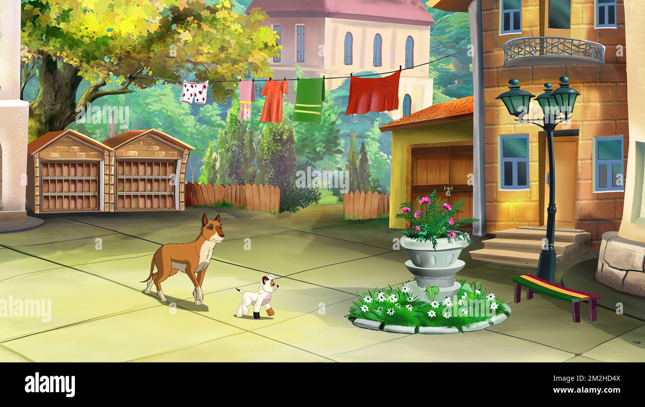 Big Yellow Dog Walks with puppy are walking in a courtyard in a summer ...