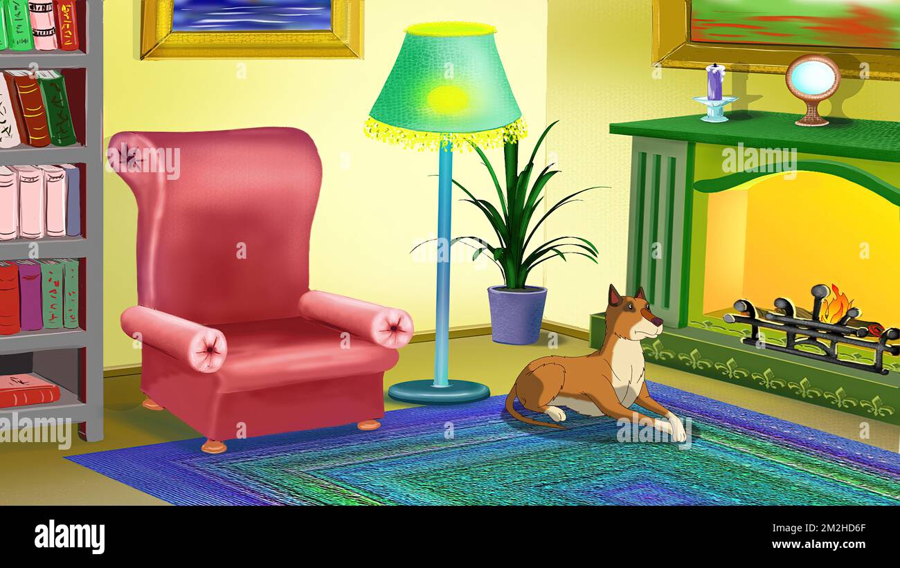 Big yellow dog lies near a chimney and waits for the owner. Digital ...