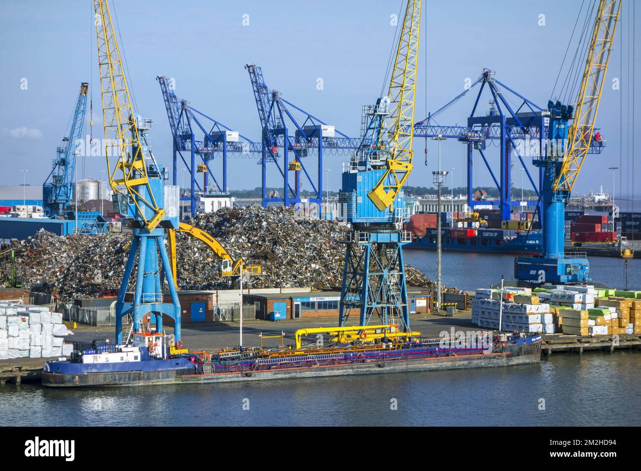Dock cranes and scrap metal heap in the Aberdeen port / harbour ...