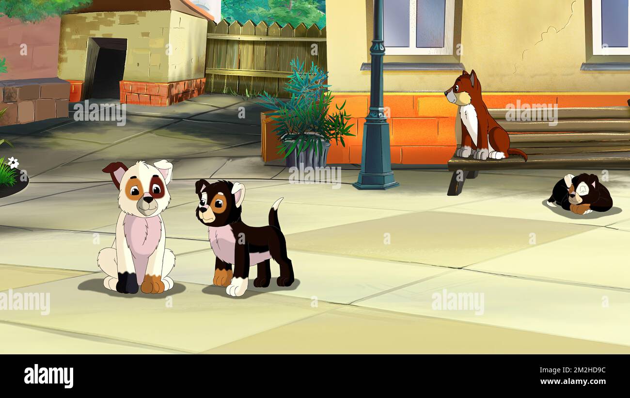Funny and cute multi-colored puppies in the yard. Digital painting ...