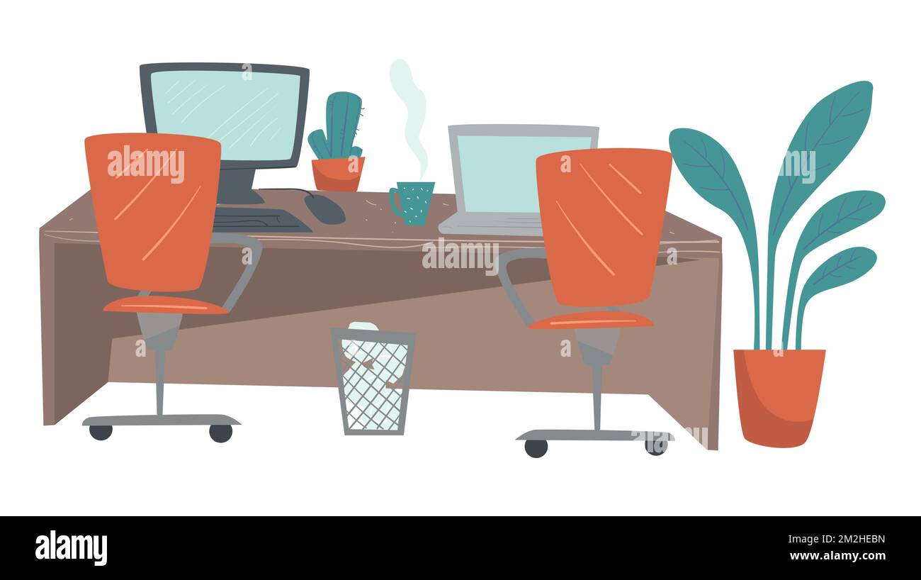 Office workplace, long table with laptops vector Stock Vector Image ...