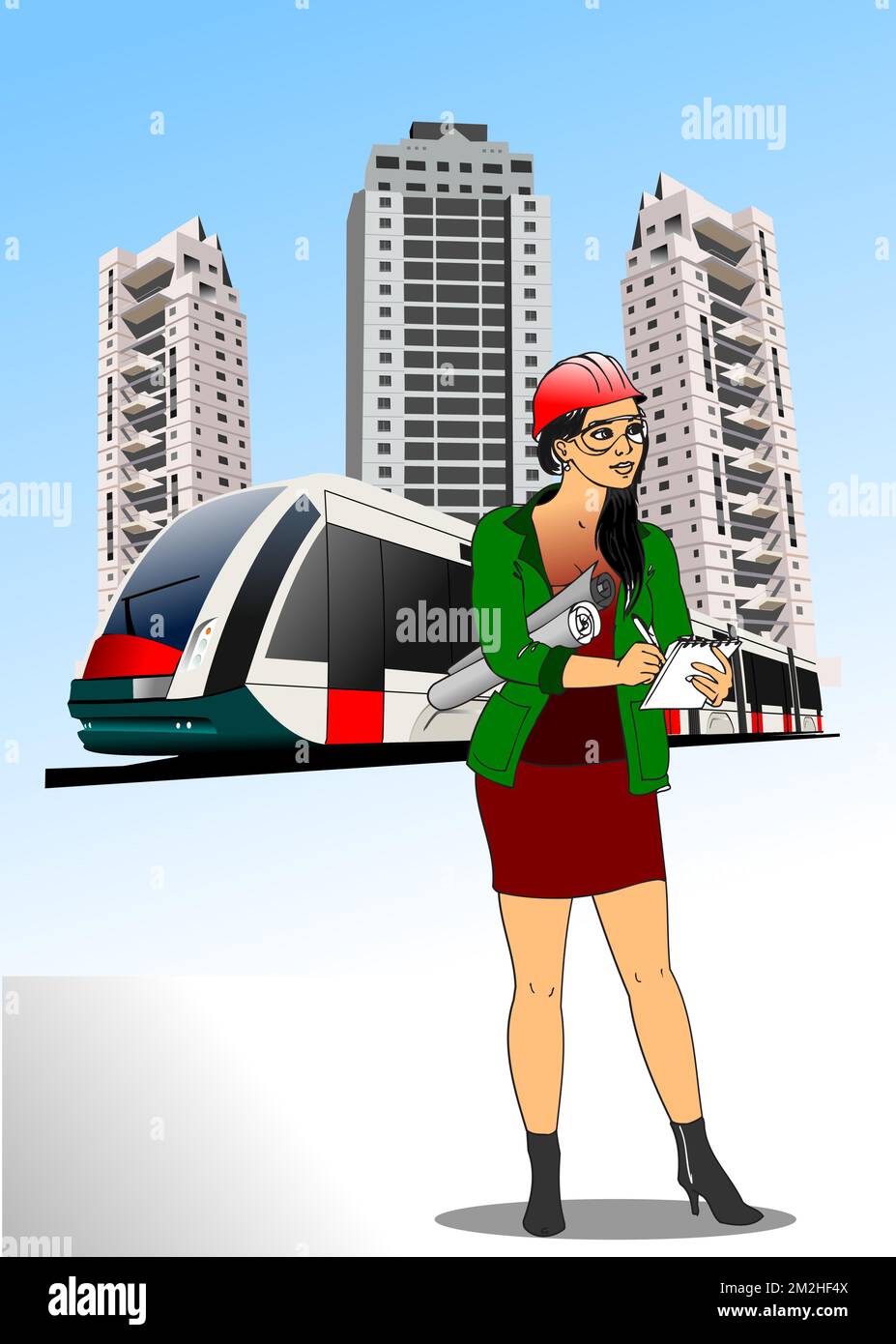 Dormitory , tram and woman civil engineer. Color vector 3d illustration ...