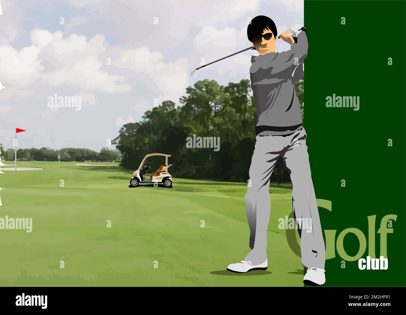 Golf club background with golfer and electric car. Vector 3d ...