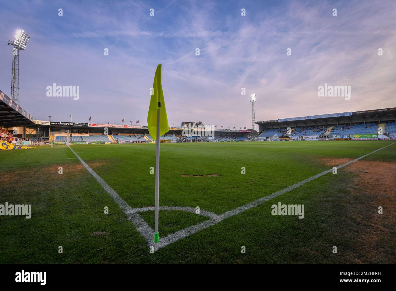 Illustration picture shows the pitch with a yellow corner flag, of KVC Westerlo ahead of a ...