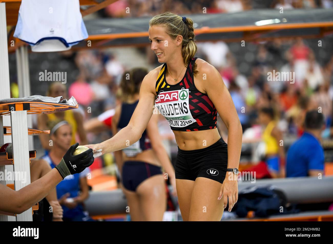 Belgian athlete Hanne Maudens pictured in action during the shot put ...