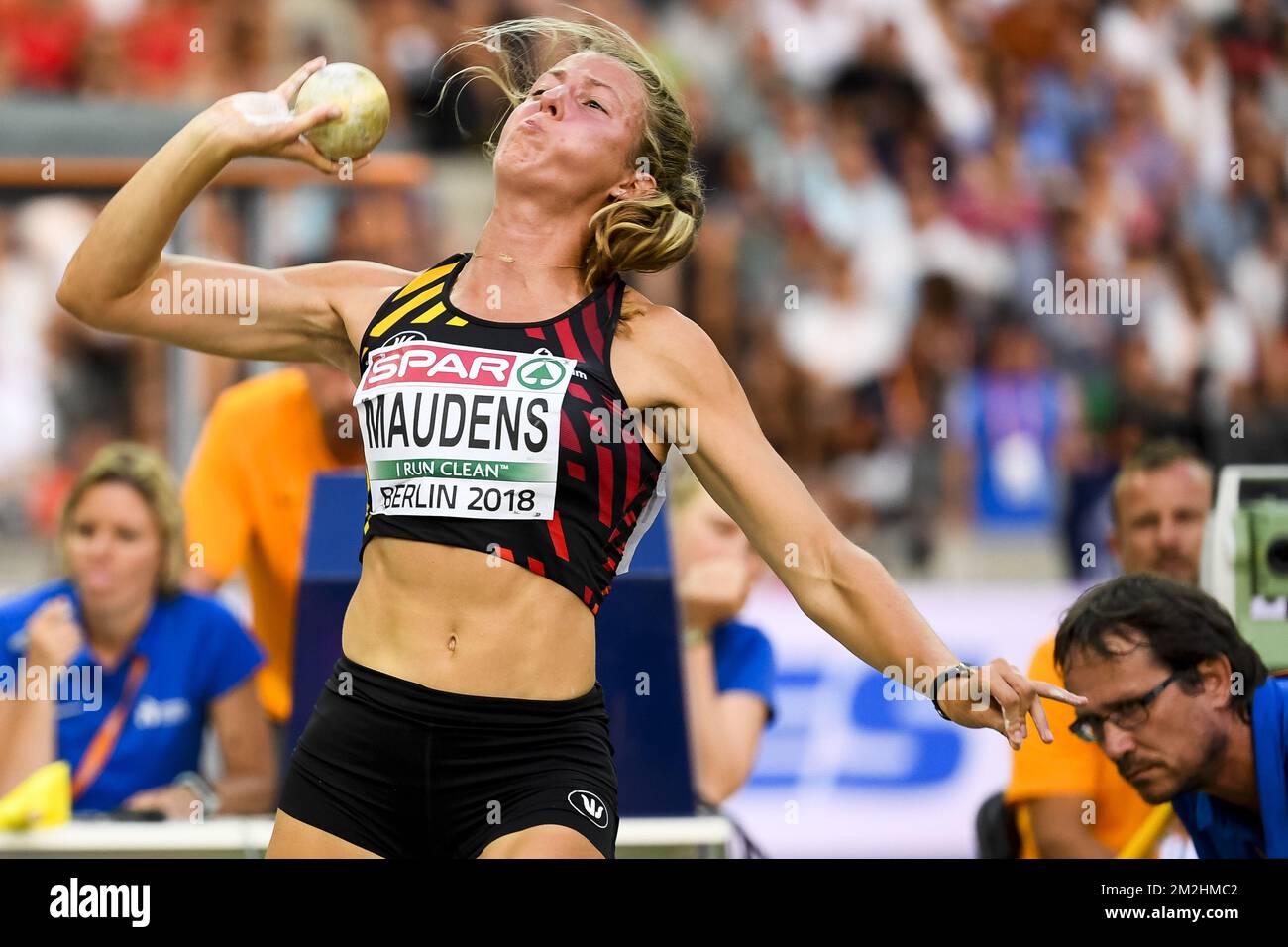 Belgian Hanne Maudens pictured in action during the shot put discipline ...
